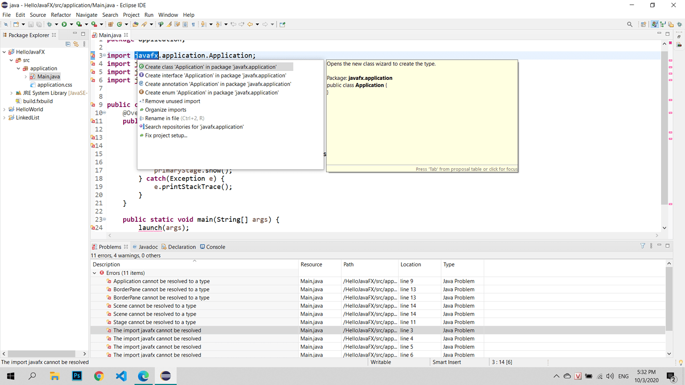 Lỗi khi chạy chương trình javafx trên eclipse: The import javafx cannot be resolved ...