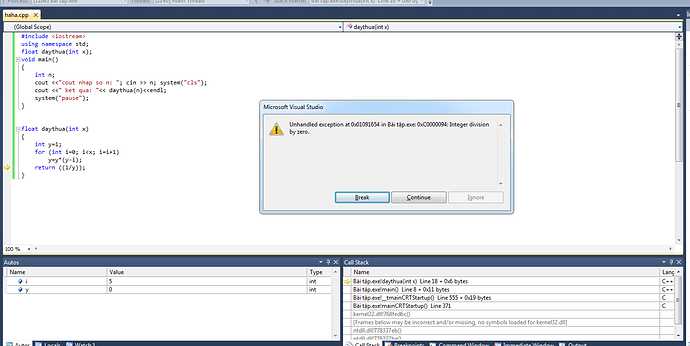 Gặp lỗi không hiểu: Baitap.exe 0xC000004: Integer division by zero - programming - Dạy Nhau Học