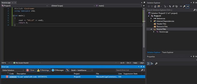 Visual Studio 2019 bị lỗi "CL.exe" exited with code -1073741515 ...