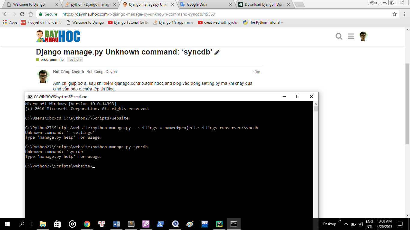 Django Manage Py Unknown Command Syncdb Programming Dạy Nhau Học