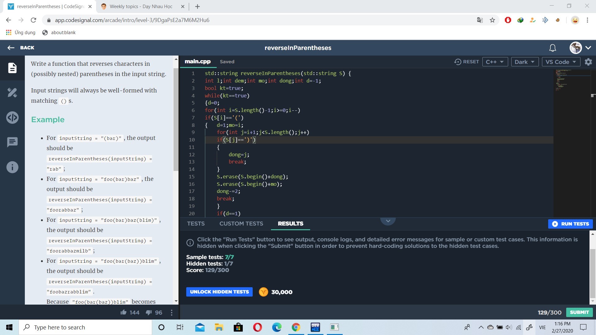Code hàm đảo ngược các ký tự trong ngoặc đơn trong chuỗi bị sai ...